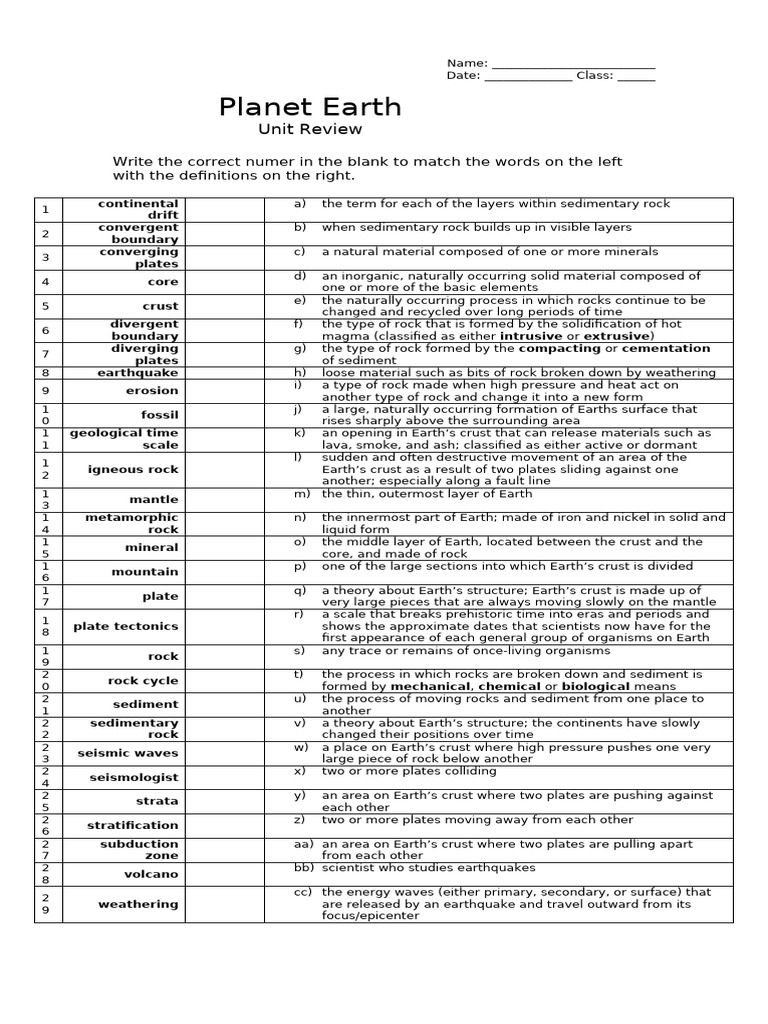 Planet Earth Unit Review 2 | PDF | Rock (Geology) | Plate Tectonics