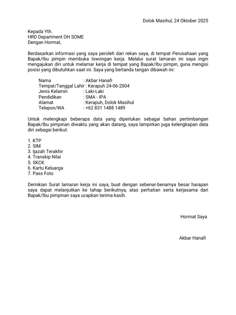 Cv Dan Surat Lamaran Akbar Hanafi | PDF