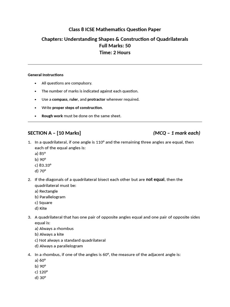 Class 8 ICSE Math: Quadrilaterals Exam Paper | PDF | Rectangle ...