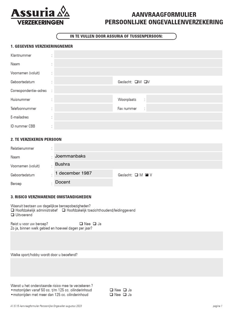 Aanvraagformulier Assuria Verzekeringen | PDF