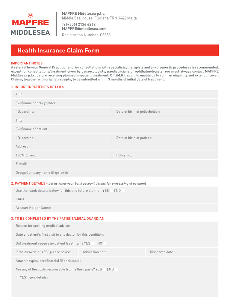 Mapfre Health Insurance Claim Form | PDF | Physician | Patient