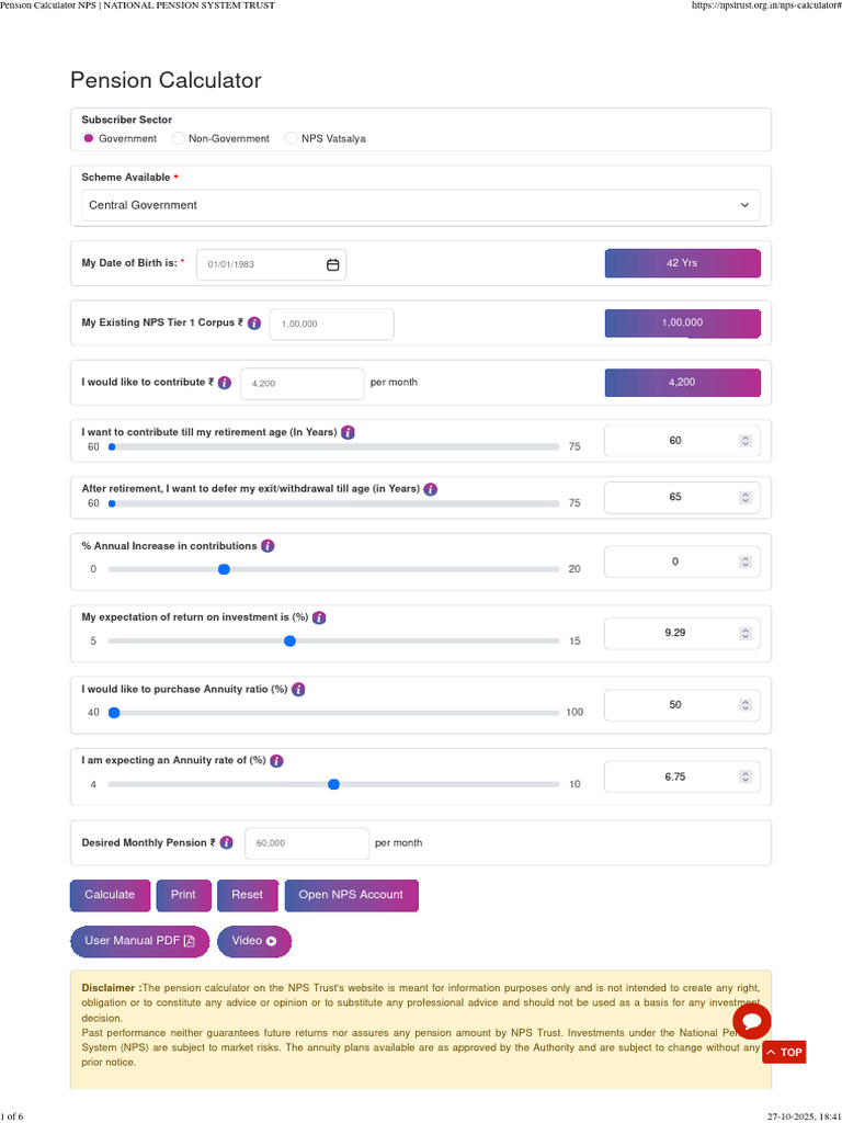 NPS Pension Calculator Tool | PDF | Employee Benefits | Personal Finance