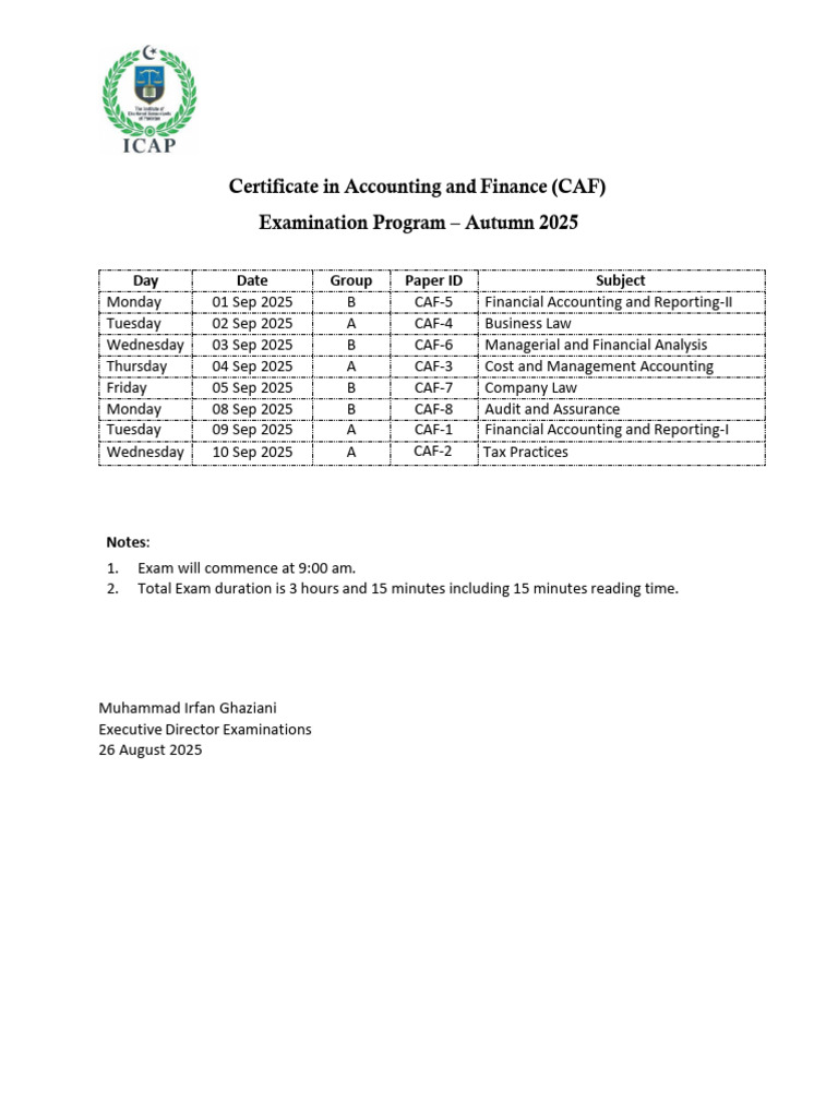 CAF Autumn 2025 Exam Schedule | PDF