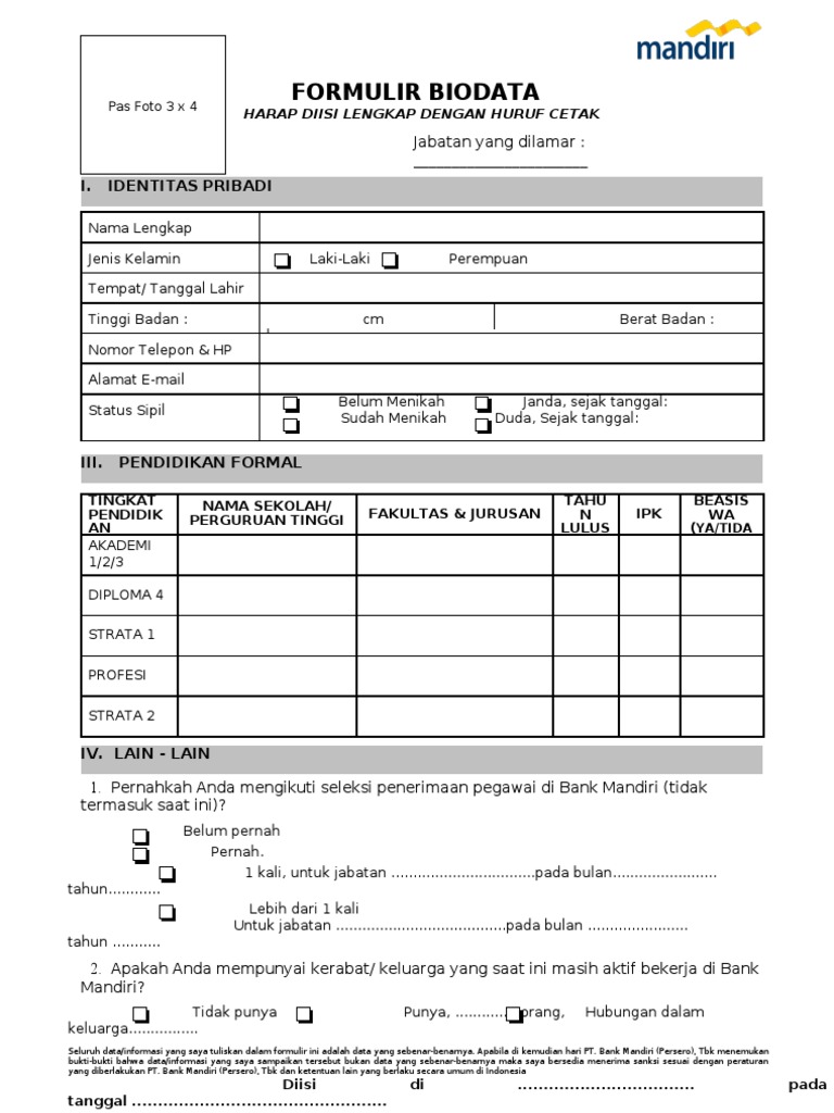 Gf3 Bank Mandiri Form Biodata | PDF