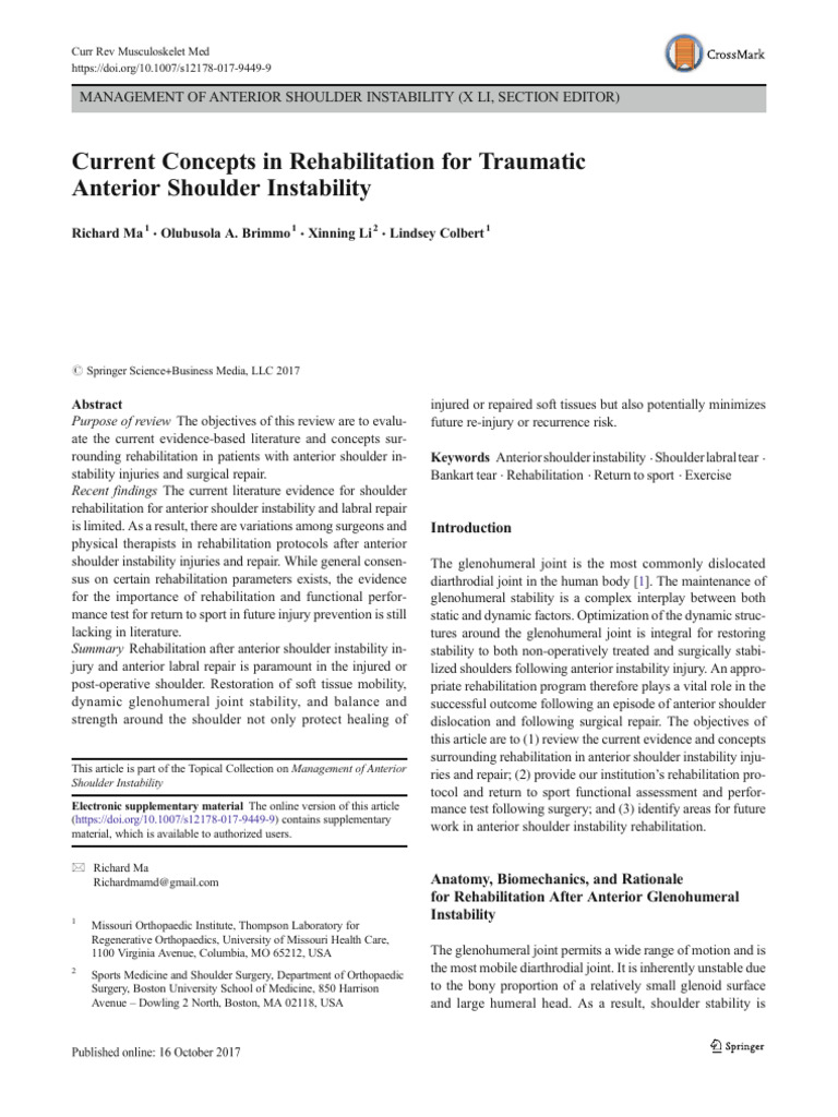 Current Concepts in Rehabilitation For Traumatic Anterior Shoulder ...