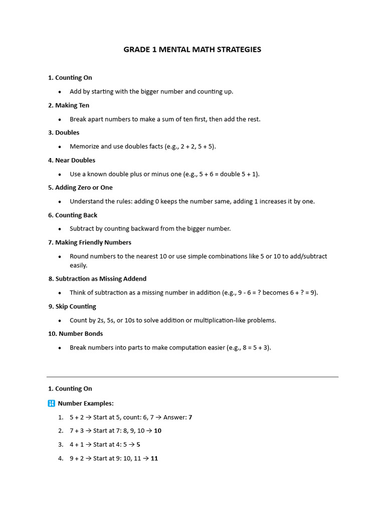 Grade 1 Mental Math Strategies | PDF