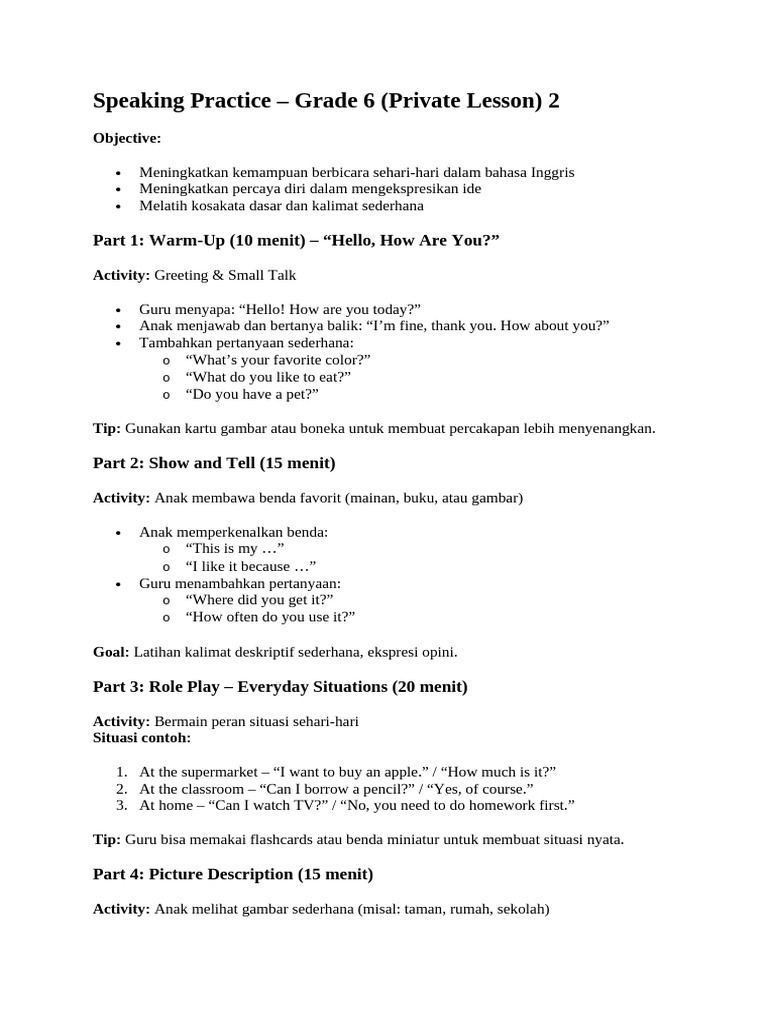 Speaking Practice 2 - Grade 6th | PDF