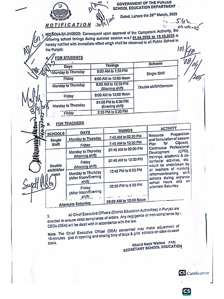 Notification School Timings Semmers | PDF