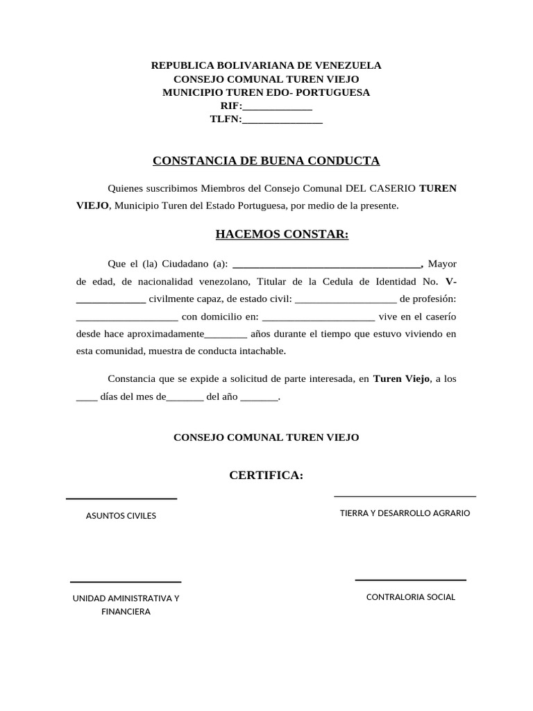 Constancia de Buena Conducta en Turen Viejo | PDF