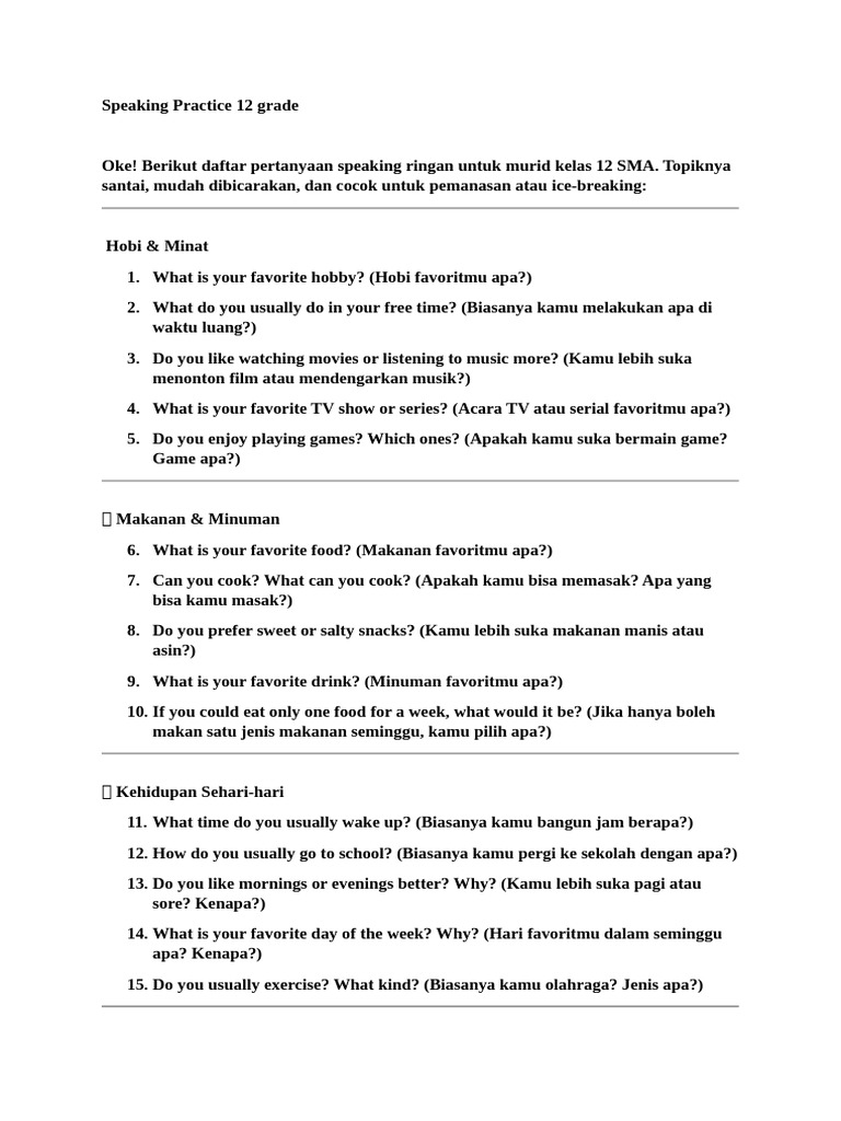 Speaking Practice 12 Grade | PDF