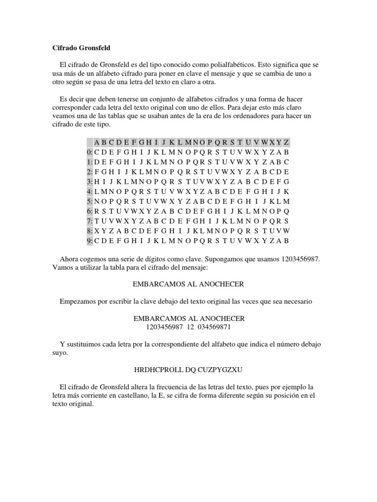 Cifrado Gronsfeld | PDF | Clave (criptografía) | Cifrado