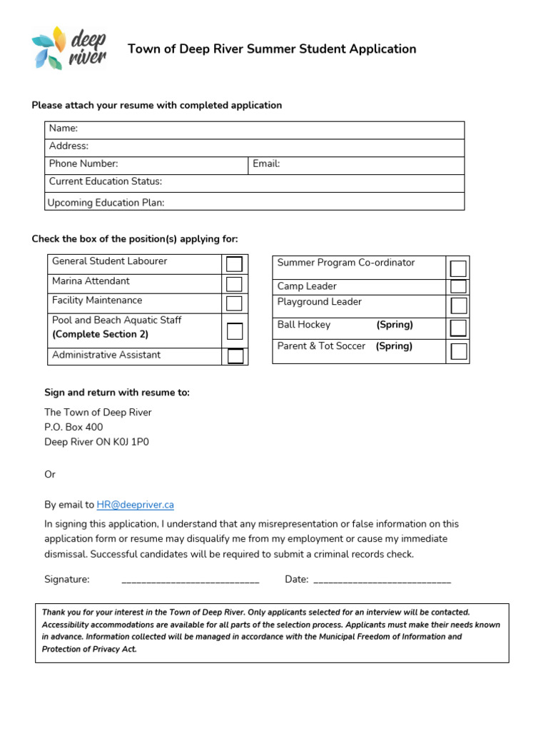 Deep River Summer Student Application Form | PDF