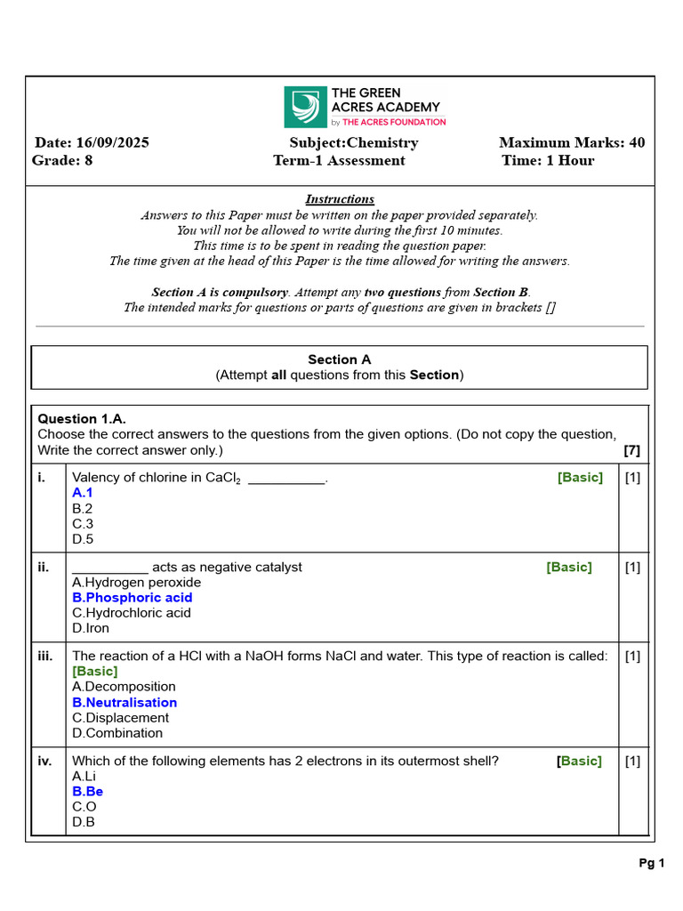 CH - Chem - T1 - AK - of G8-Chemistry Paper-Term-1 25-26 | PDF ...