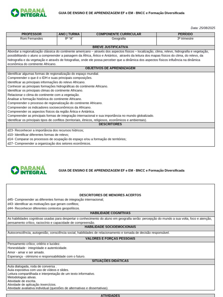Cópia de Gea 3° Trimestre 8° Ano A - 2025 | PDF | África | Lição