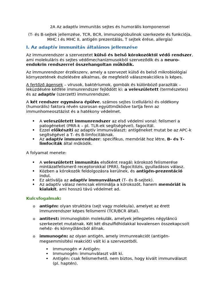 2A Az Adaptív Immunitás Sejtes És Humorális Komponensei | PDF