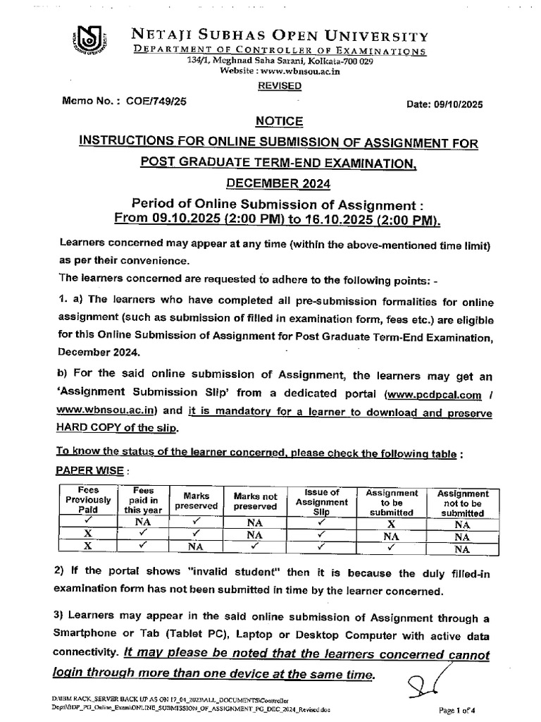 Revised Notice Online Assignment Submission PG Tee Dec 2024 | PDF