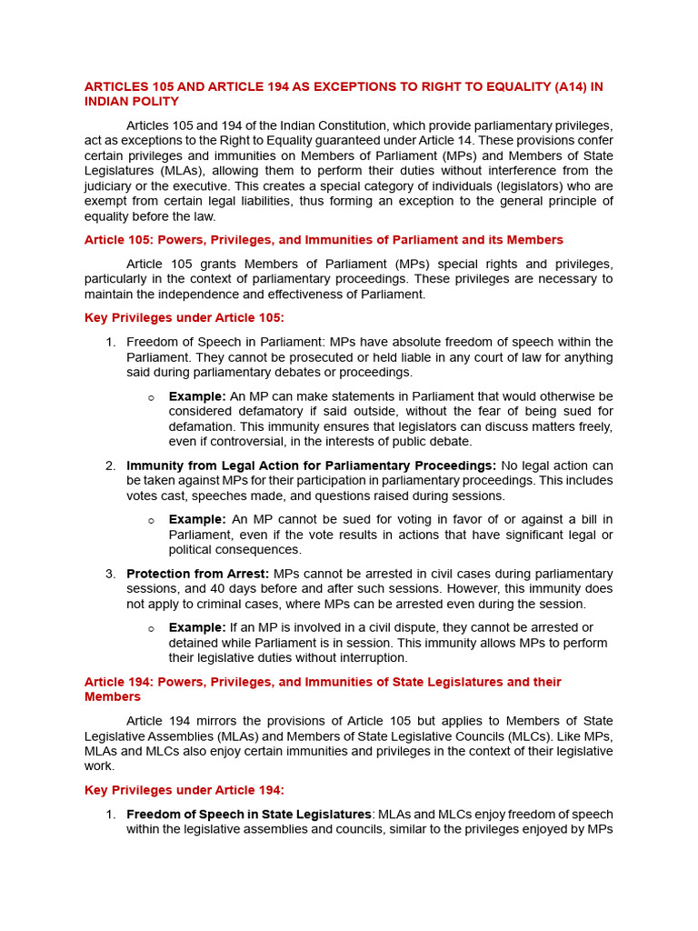 Articles 105 and Article 194 As Exceptions To Right To Equality | PDF ...