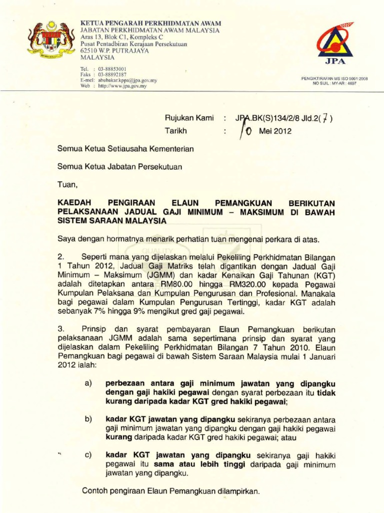 Surat Edaran: JPA - BK (S) 134/2/8 Jld.2 (7) - Kaedah Pengiraan Elaun ...