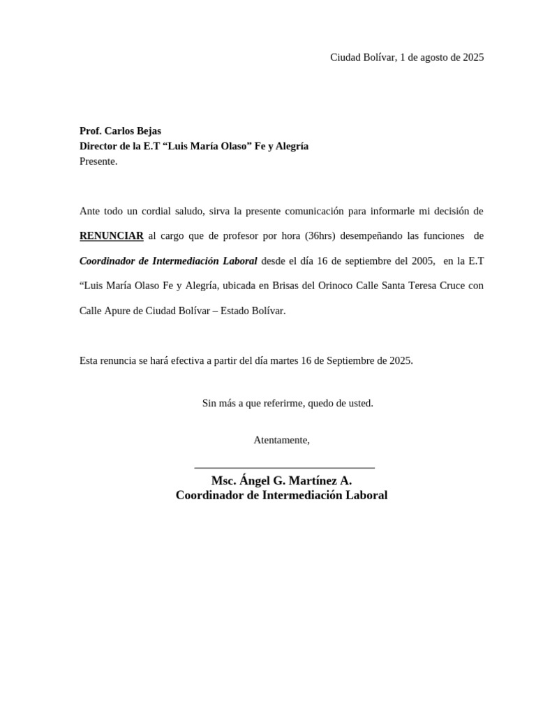 Renuncias en E.T. "Luis María Olaso" Fe y Alegría | PDF