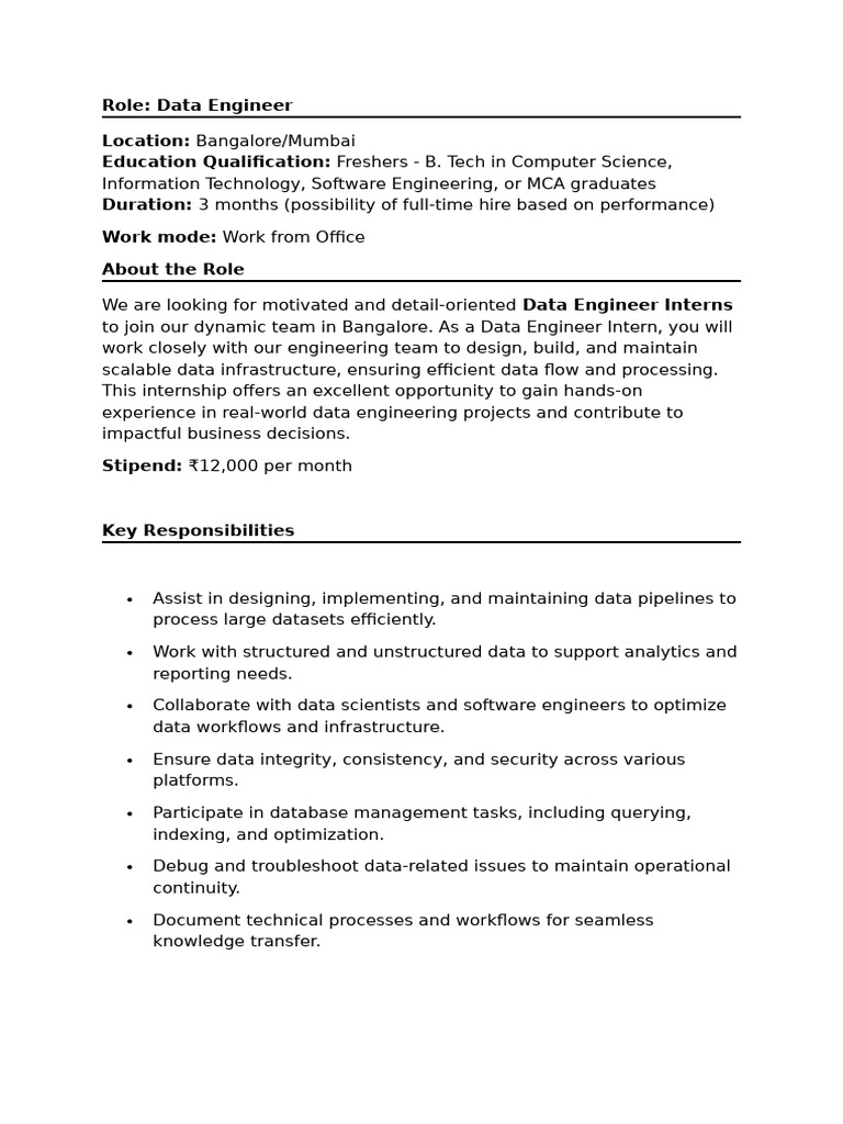 Datasturdy-Data Engineer Internship - Job Description | PDF