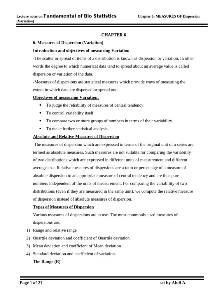 Measures of Dispersion in Bio Statistics | PDF | Variance | Mean ...
