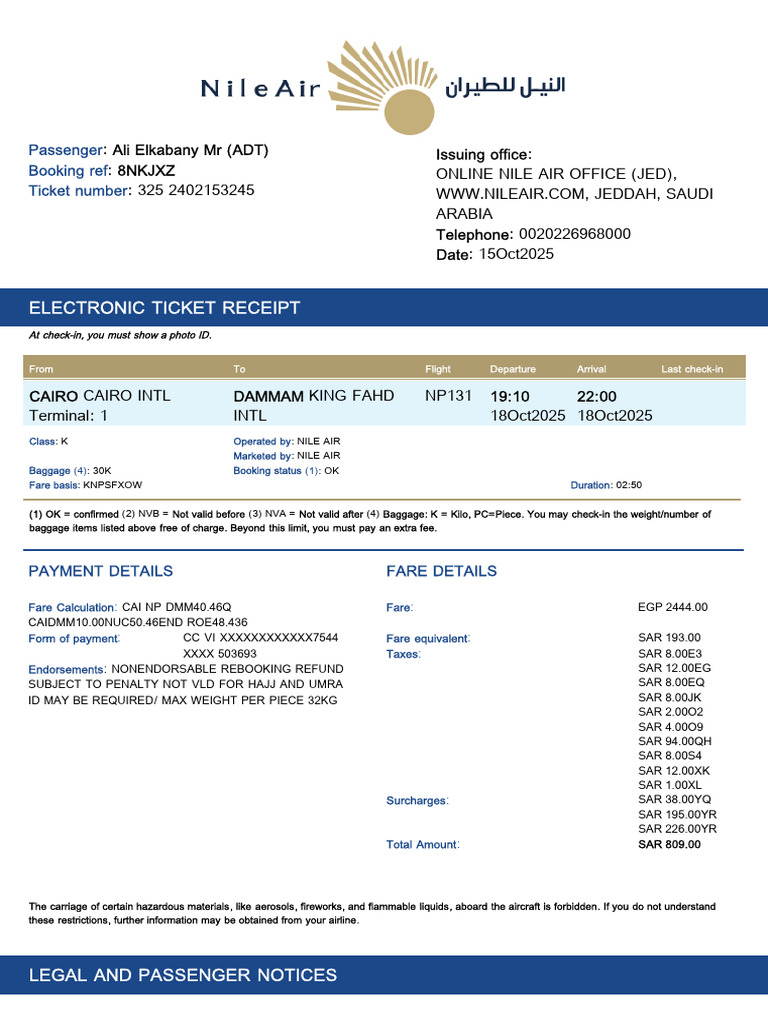Nile Air Electronic Ticket Receipt | PDF