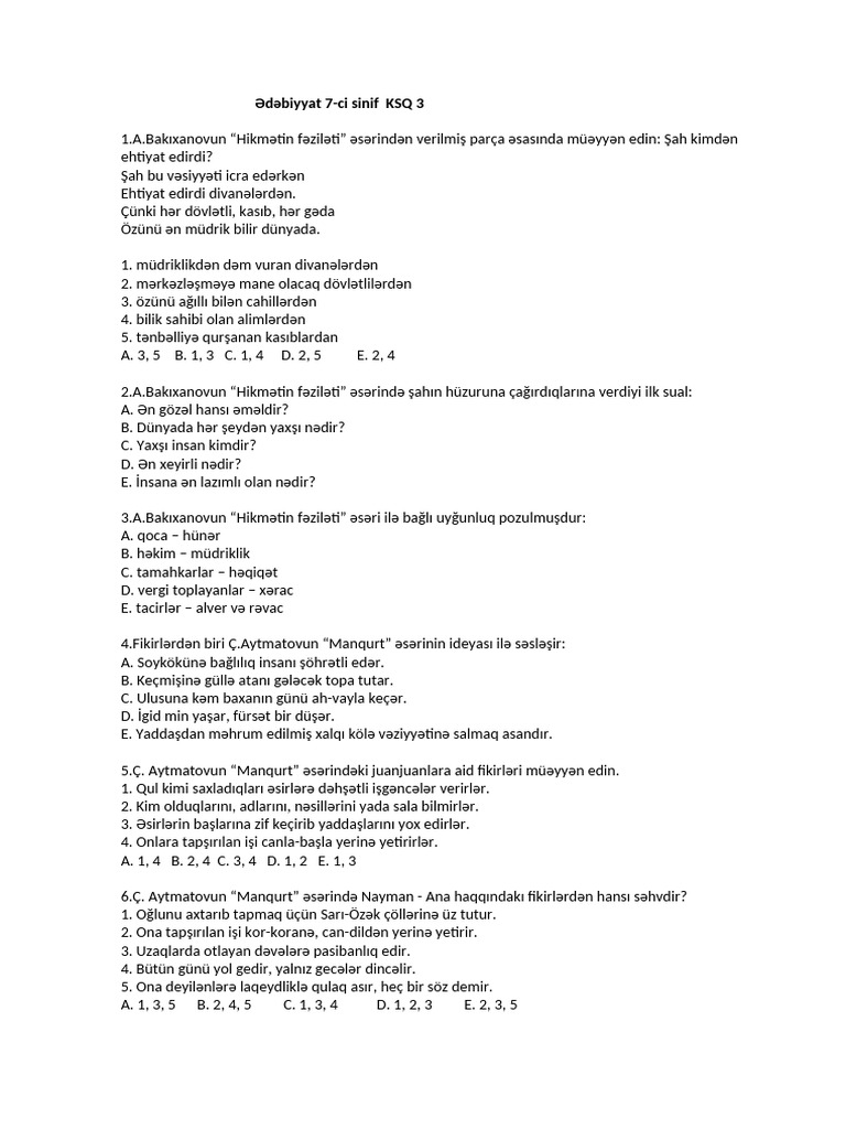 Ədəbiyyat 7-Ci Sinif KSQ 3 | PDF