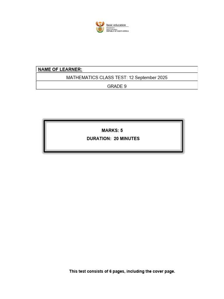12 September 2025 Grade 9 Class Test | PDF | Euclid | Geometry