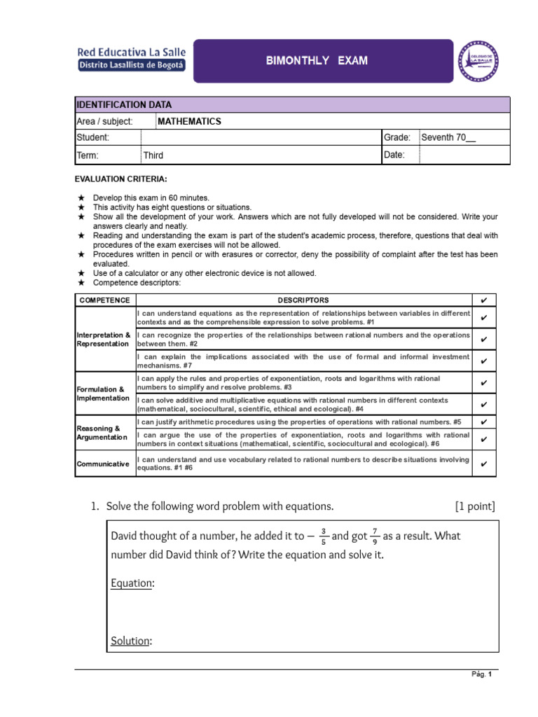 7th Ma 3p Bimonthly Exam | PDF | Mathematics | Argument