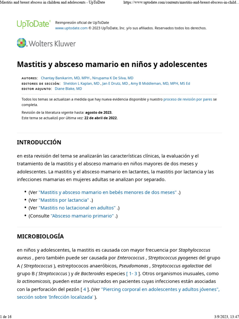 Mastitis y absceso mamario en jóvenes | PDF | Staphylococcus Aureus ...