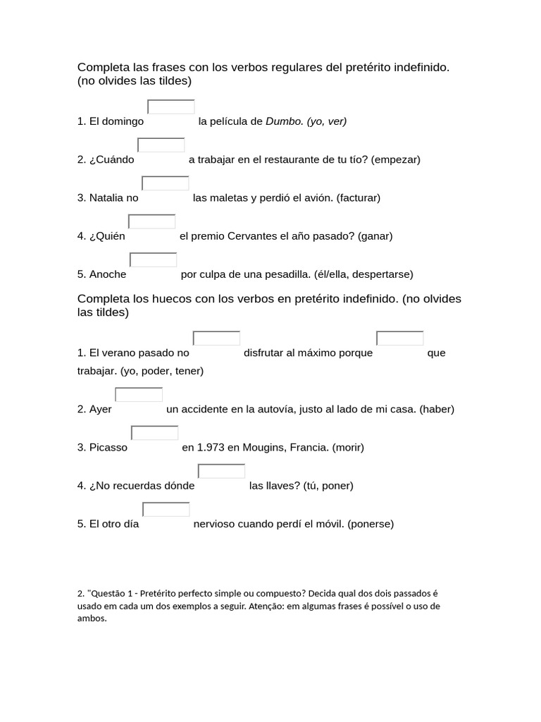 Completa Las Frases Con Los Verbos Regulares Del Pretérito Indefinido ...