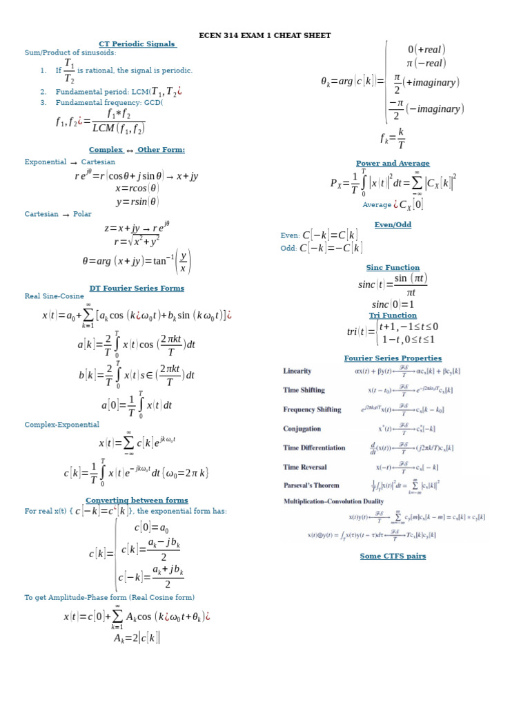 Exam 2 Cheat Sheet | PDF | Mathematical Relations | Fourier Analysis