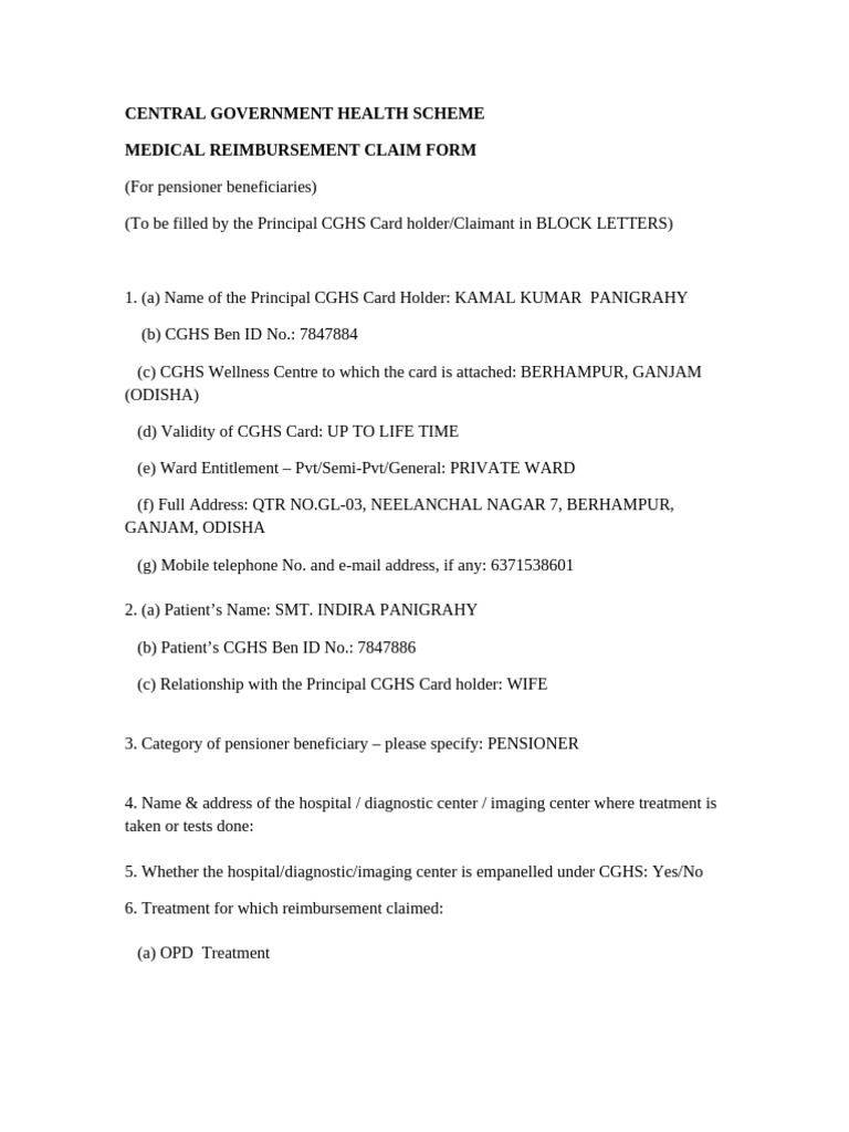 CGHS Medical Reimbursement Form | PDF