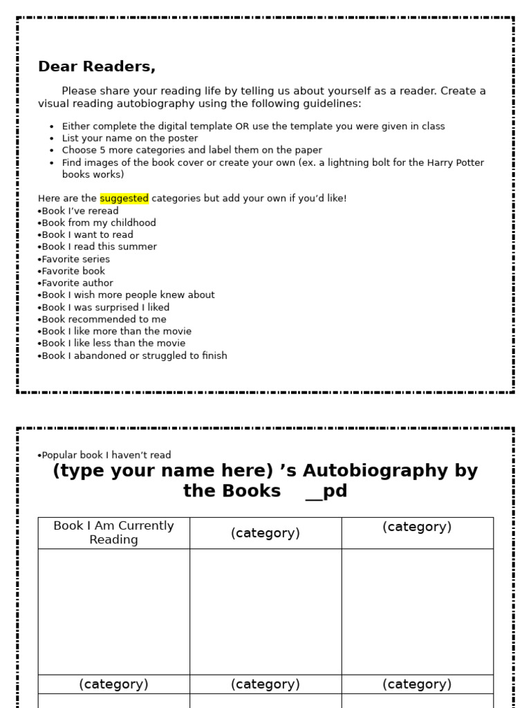 Book Autobiography - Student Template | PDF