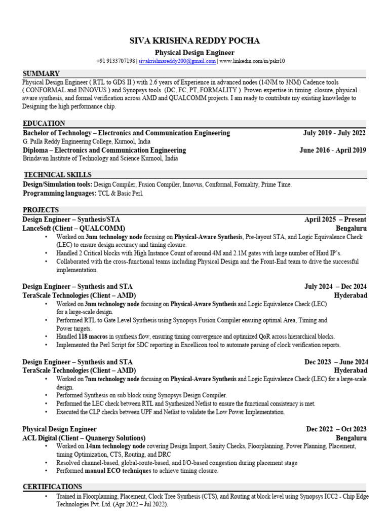 Siva Krishna Reddy Pocha Physical Design Engineer | PDF | Electronic ...