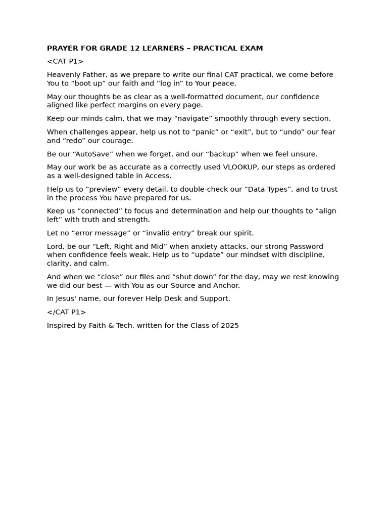 Prayer For Grade 12 Learners p1 2025 | PDF