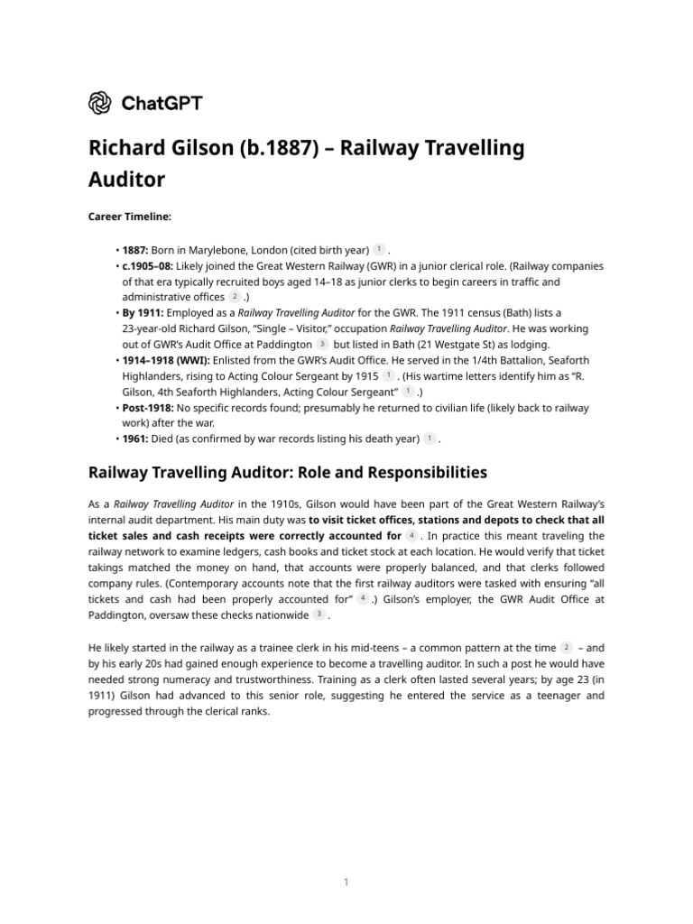 Richard Gilson (b.1887) - Railway Travelling Auditor | PDF | Audit ...