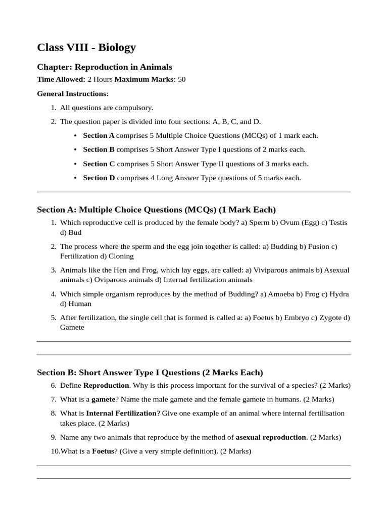 Class VIII Biology: Animal Reproduction Exam | PDF | Fertilisation ...