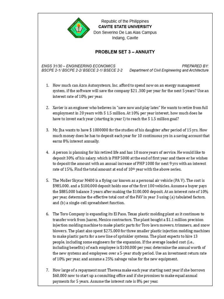 Annuity Problem Set for Engineering Economics | PDF | Interest | Economies