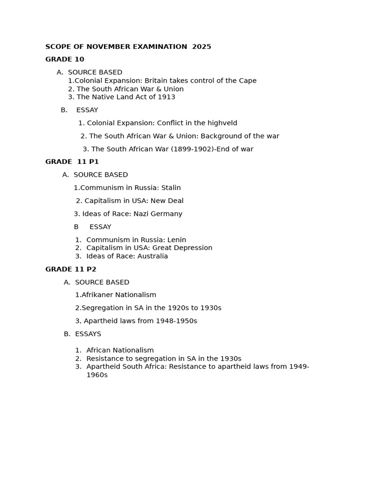 November 2025 Exam Scope: Grades 10-11 | PDF