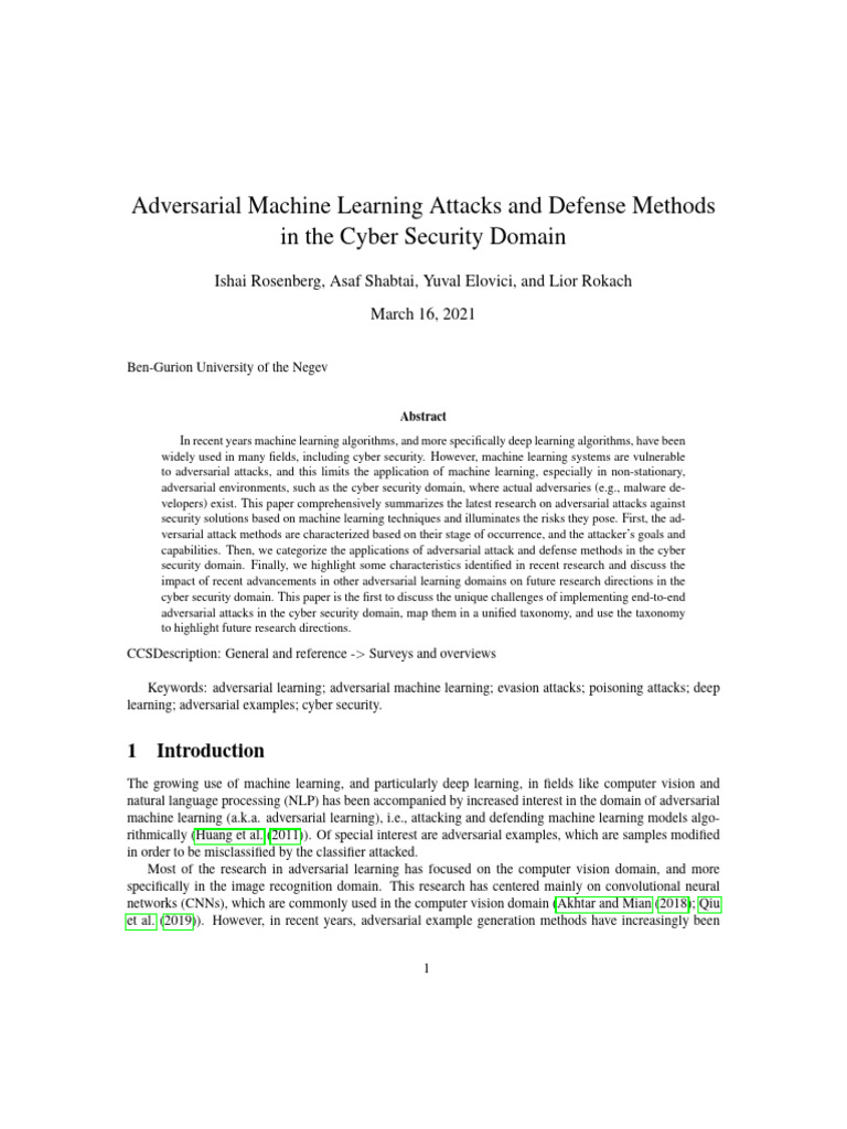 Adversarial Machine Learning Attacks and Defense Methods in The Cyber Security Domain | PDF ...