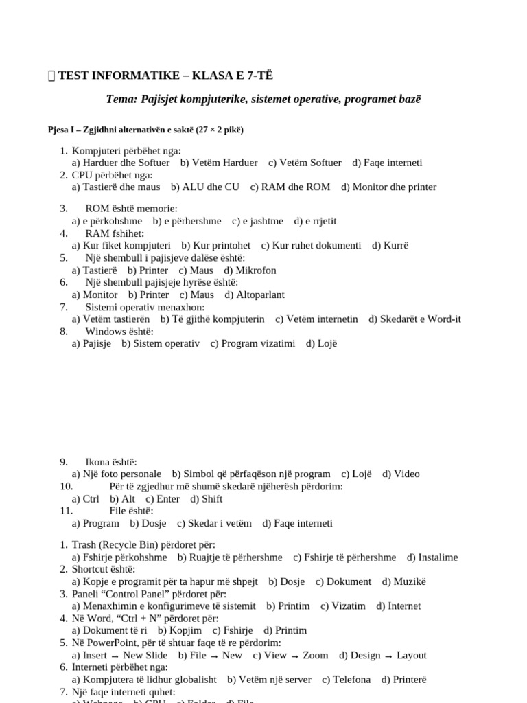 ? Test Informatike KL 7 40 | PDF