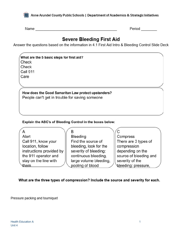 4.1 Severe Bleeding First Aid Notesheet | PDF