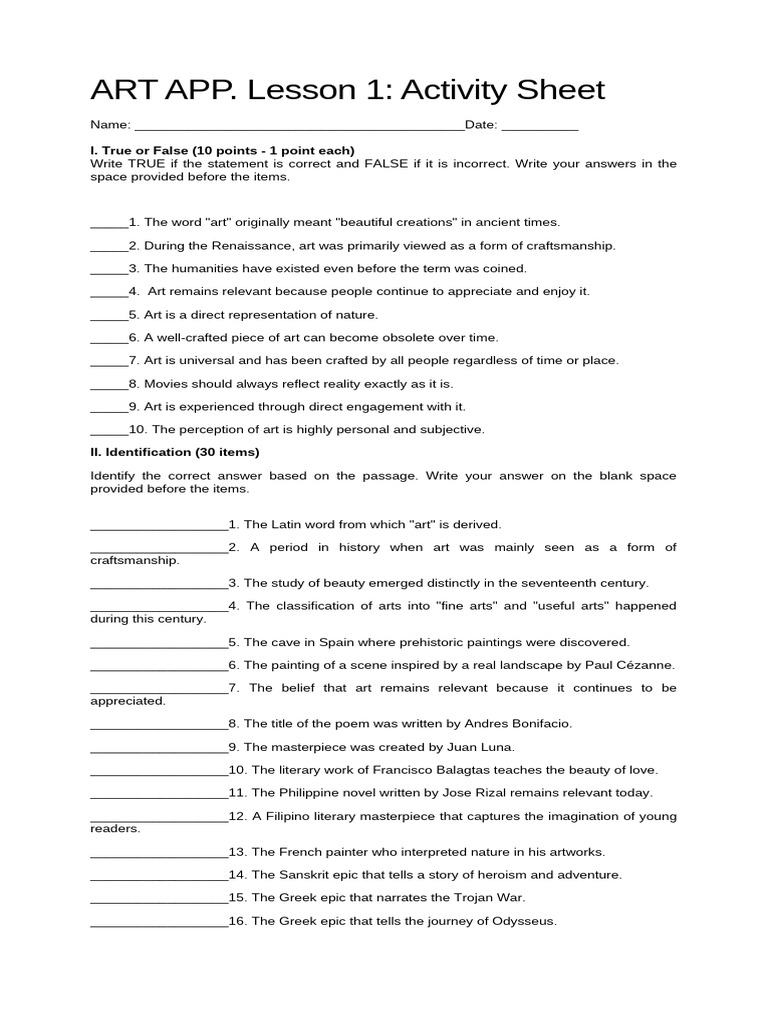 Art Appreciation Activity Sheet | PDF | Paintings | Epic Poetry