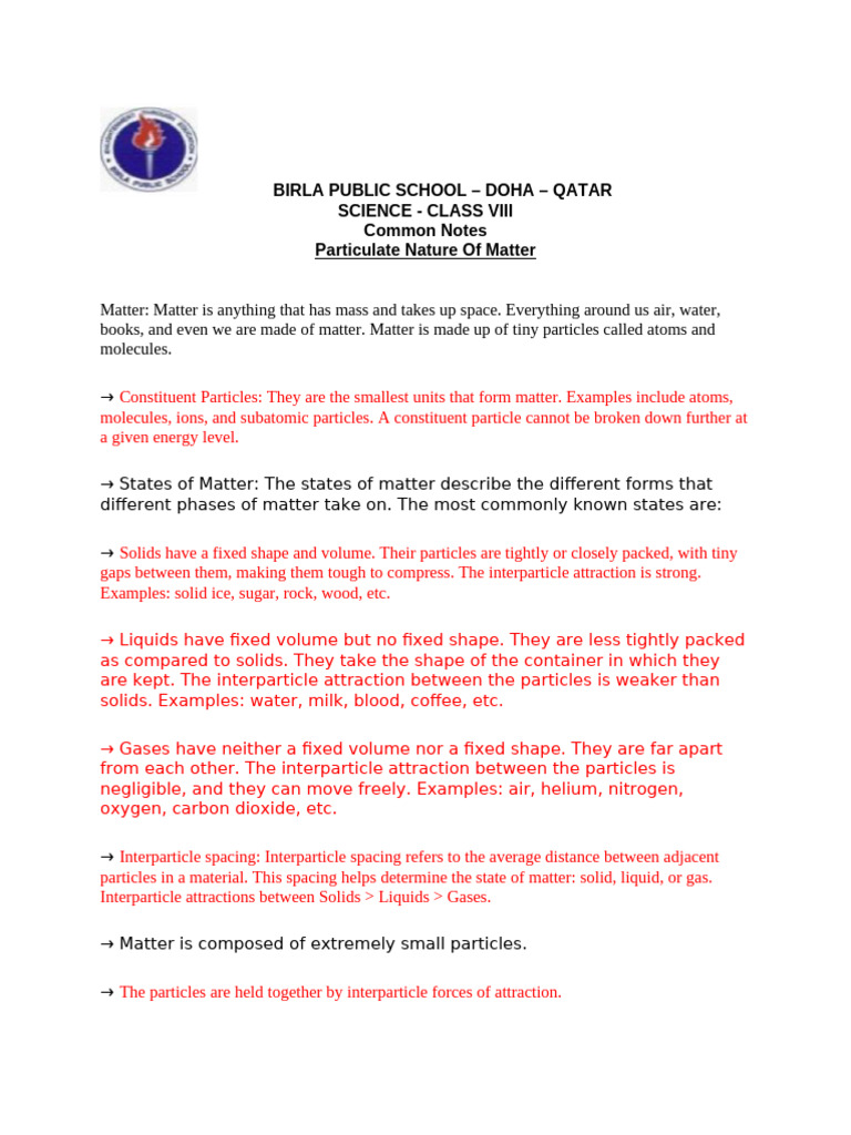 Particulate Nature of Matter - Reference Notes | PDF | Matter | Gases