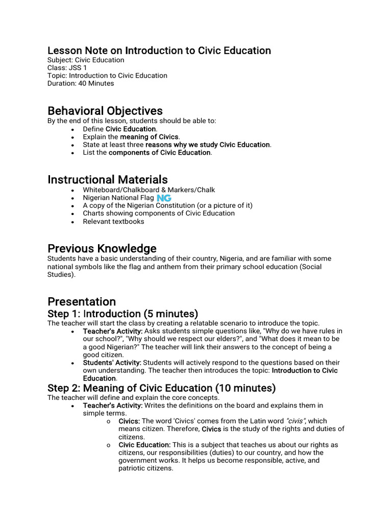 JSS1 Civic Education: Introduction Lesson | PDF | Citizenship | Civics