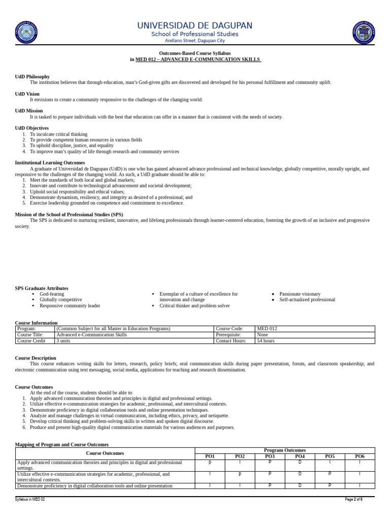 Course Syllabus - (MEd 012) Advanced E-Communication Skills | PDF ...