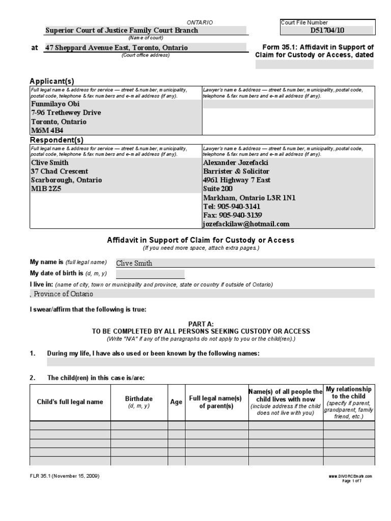 Form 35.1 - Affidavit in Support of Claim For Custody or Access1 | PDF | Criminal Record | Child ...