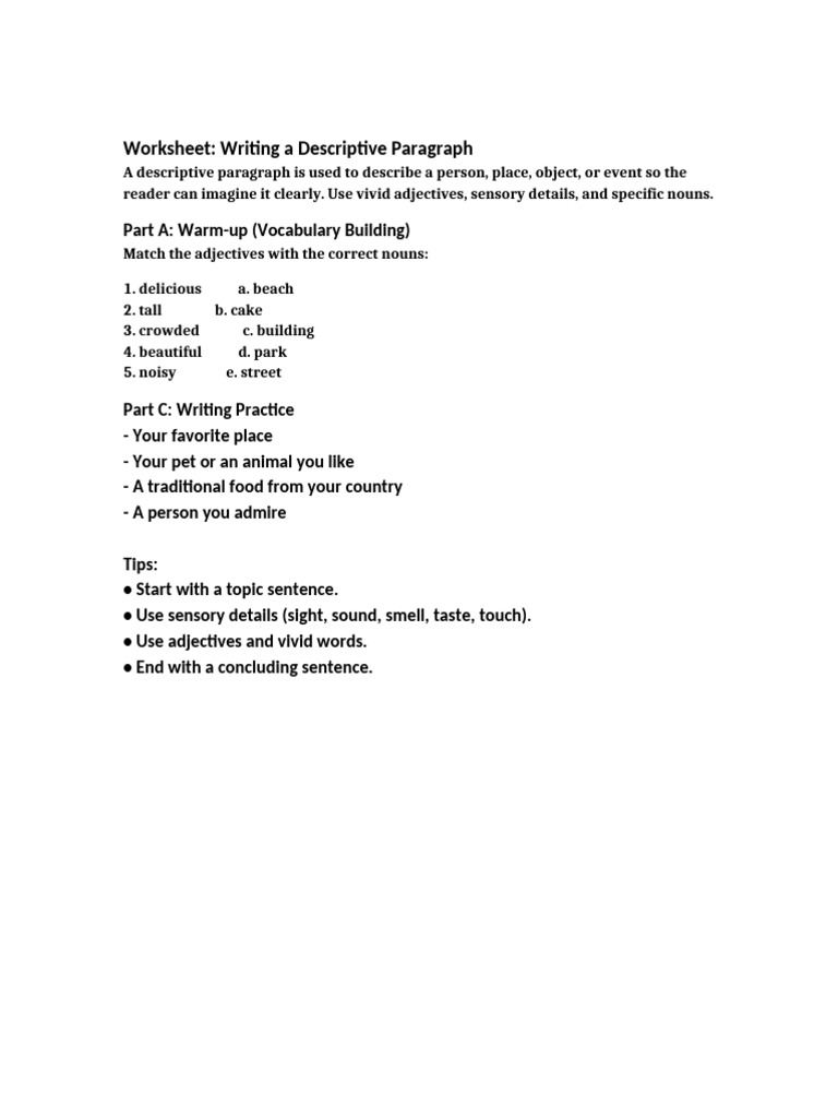 Worksheet Descriptive Paragraph | PDF