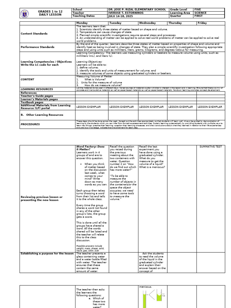 Science DLL Q1W4 | PDF | Volume | Litre